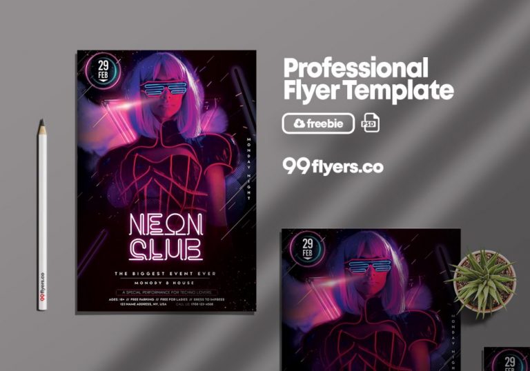 Neon Club Party PSD Free Flyer Template - PSDFlyer